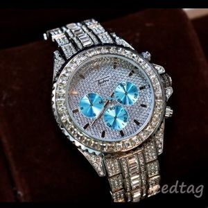 Accessories | Full Iced Out Chronograph Stylish Aqua Face Watch | Poshmark